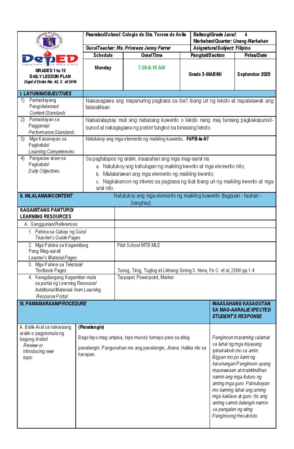 Ferrer FIL DLP - Daily Lesson Plan for Grade 4 Filipino - Studocu