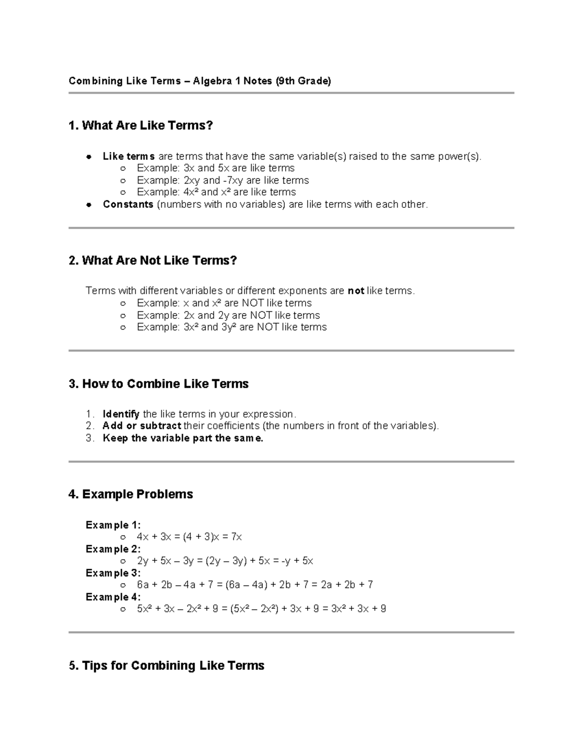 Algebra 1: Combining Like Terms Notes (9th Grade) - Studocu