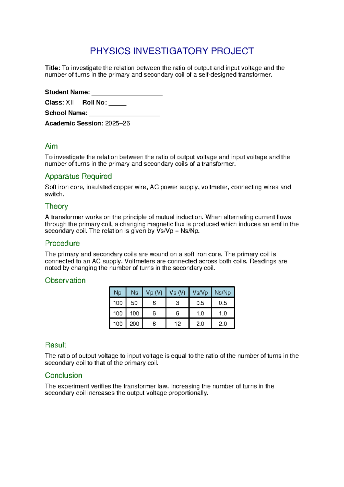 PHYSICS XII Investigatory Project: Transformer Voltage Ratio Analysis ...