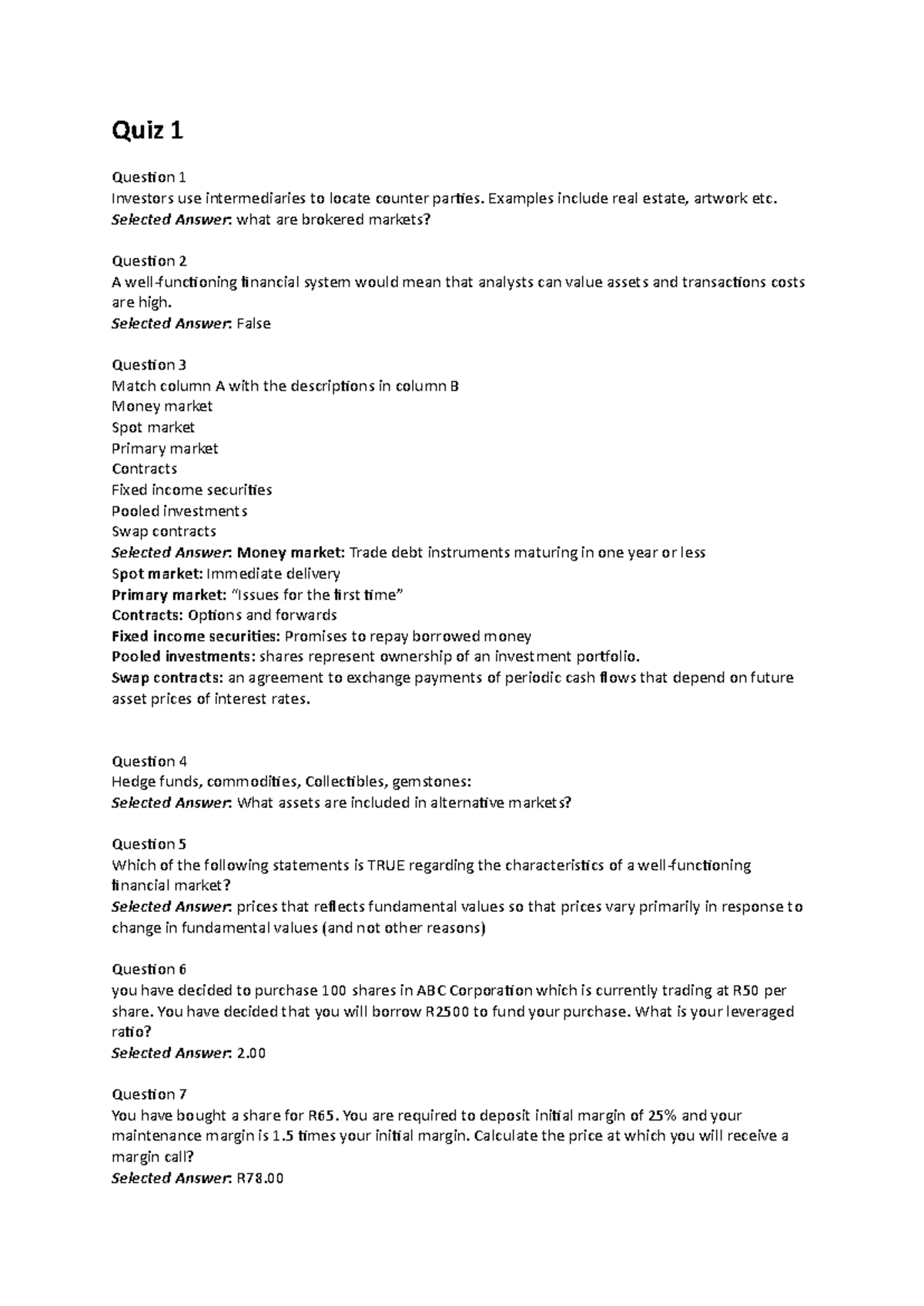 Quiz 1: Trading in Financial Markets - Key Concepts and Questions - Studocu