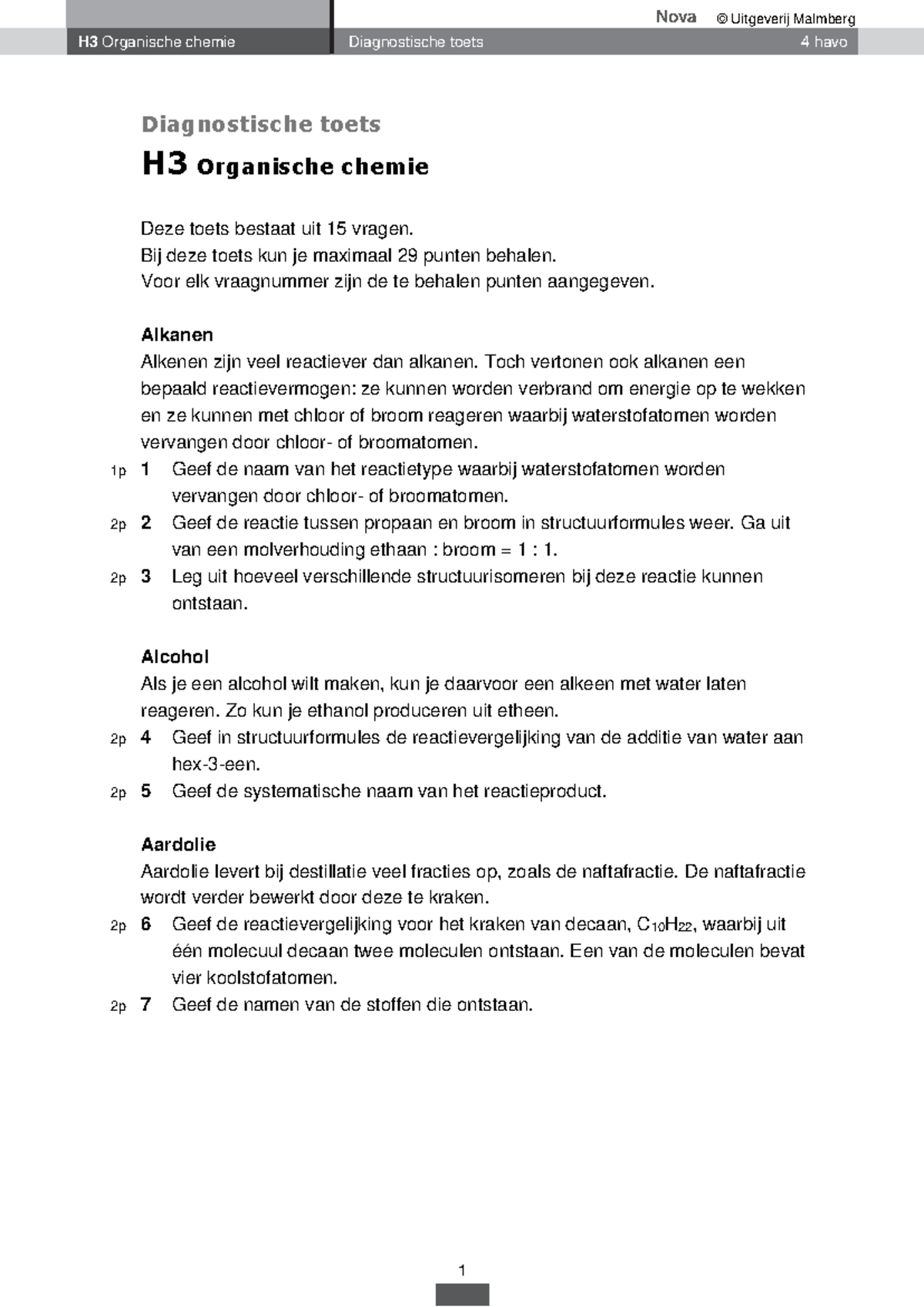 Nova H3 Organische Chemie Diagnostische Toets 4 Havo - Studeersnel