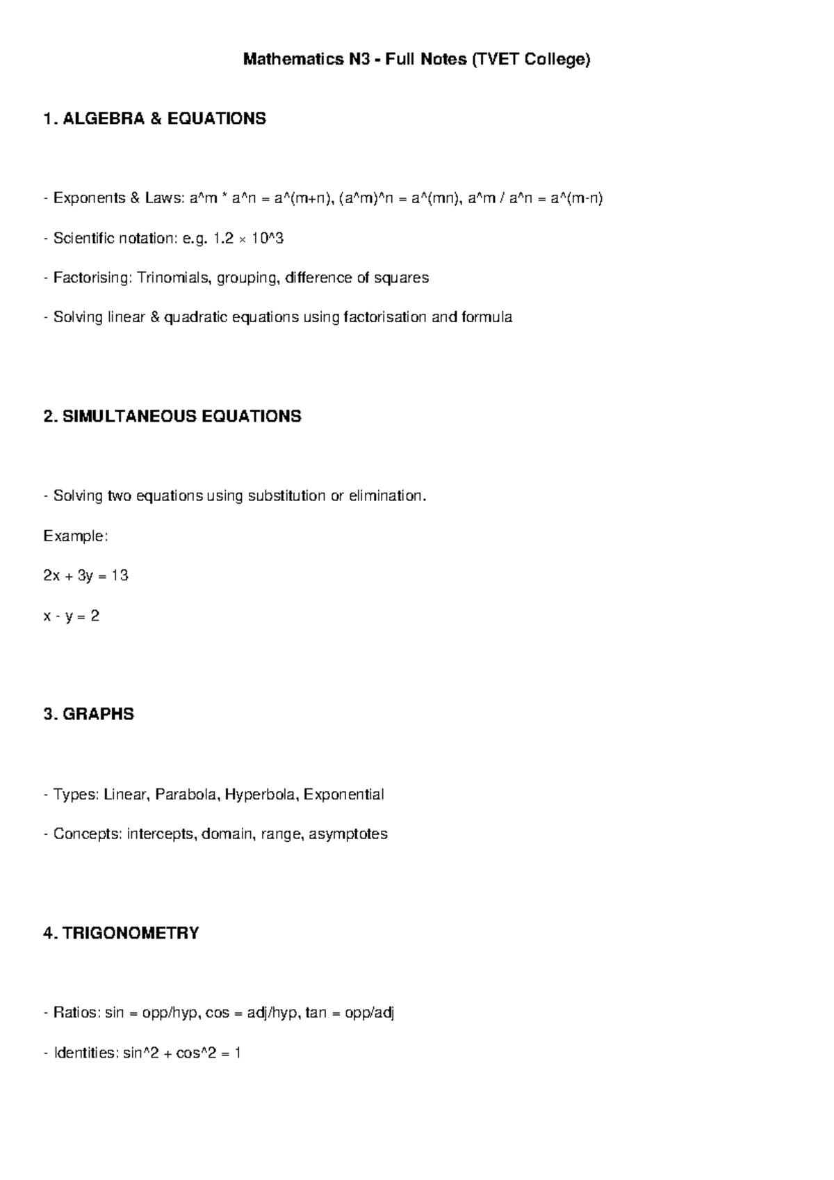 N3 Mathematics TVET Full Notes: Algebra, Trig, Calculus & More - Studocu