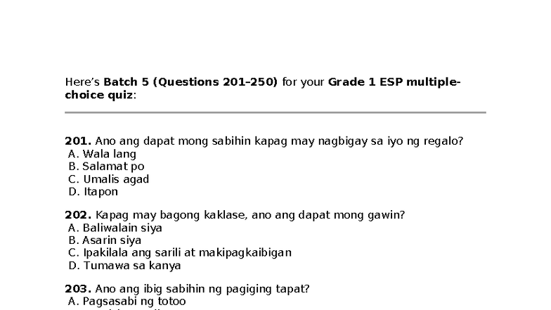 Grade 1 ESP Quiz Questions Set 4 (Multiple Choice) - Studocu