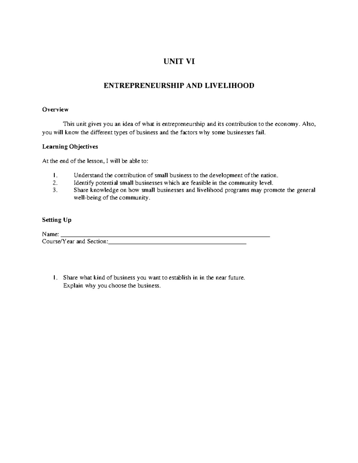 NSTP Module UNIT 6- Entrepreneurship AND Livelihood - UNIT VI ...