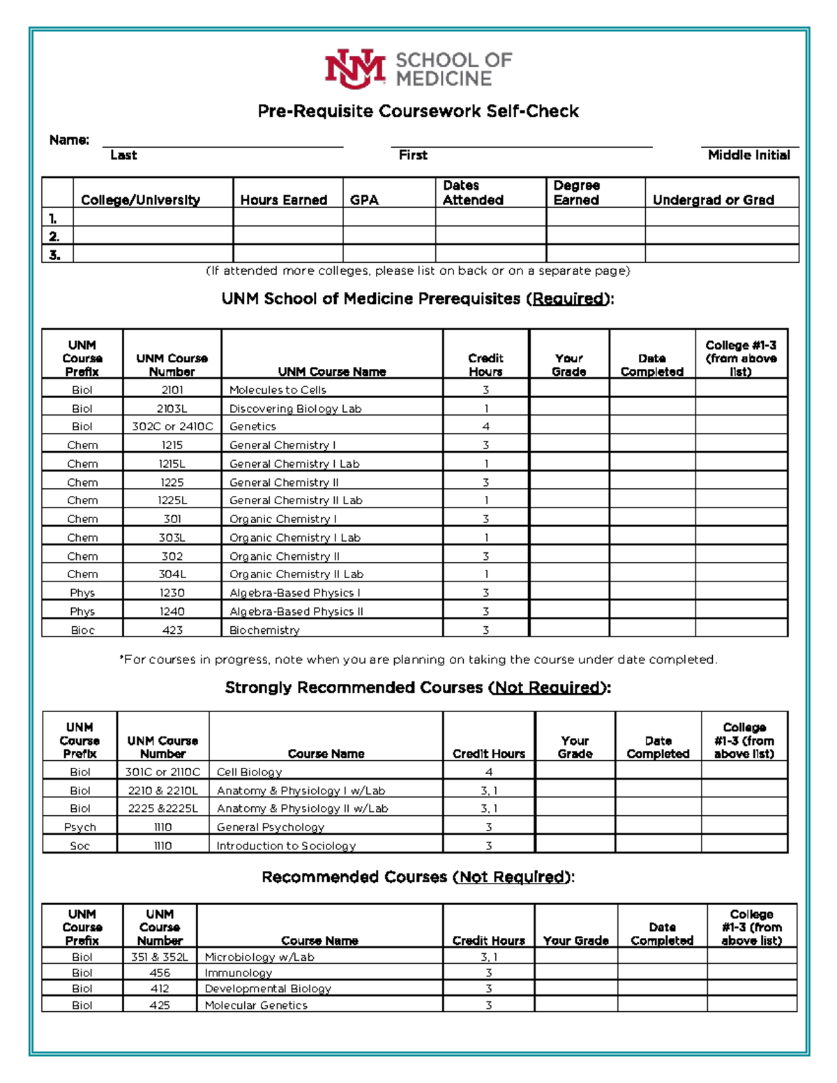 UNM Biomedical Sciences Grad Program Pre-Requisite Checklist - Studocu