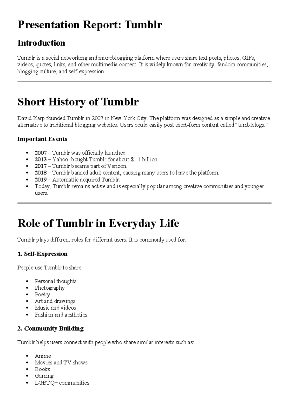 Presentation Report: Exploring Tumblr's Impact and Community - Studocu
