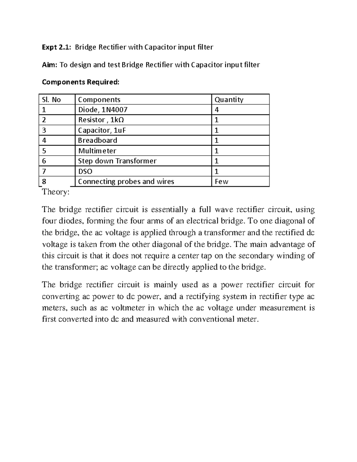 EPC Lab Expt 2: Bridge Rectifier & Zener Voltage Regulator - Studocu