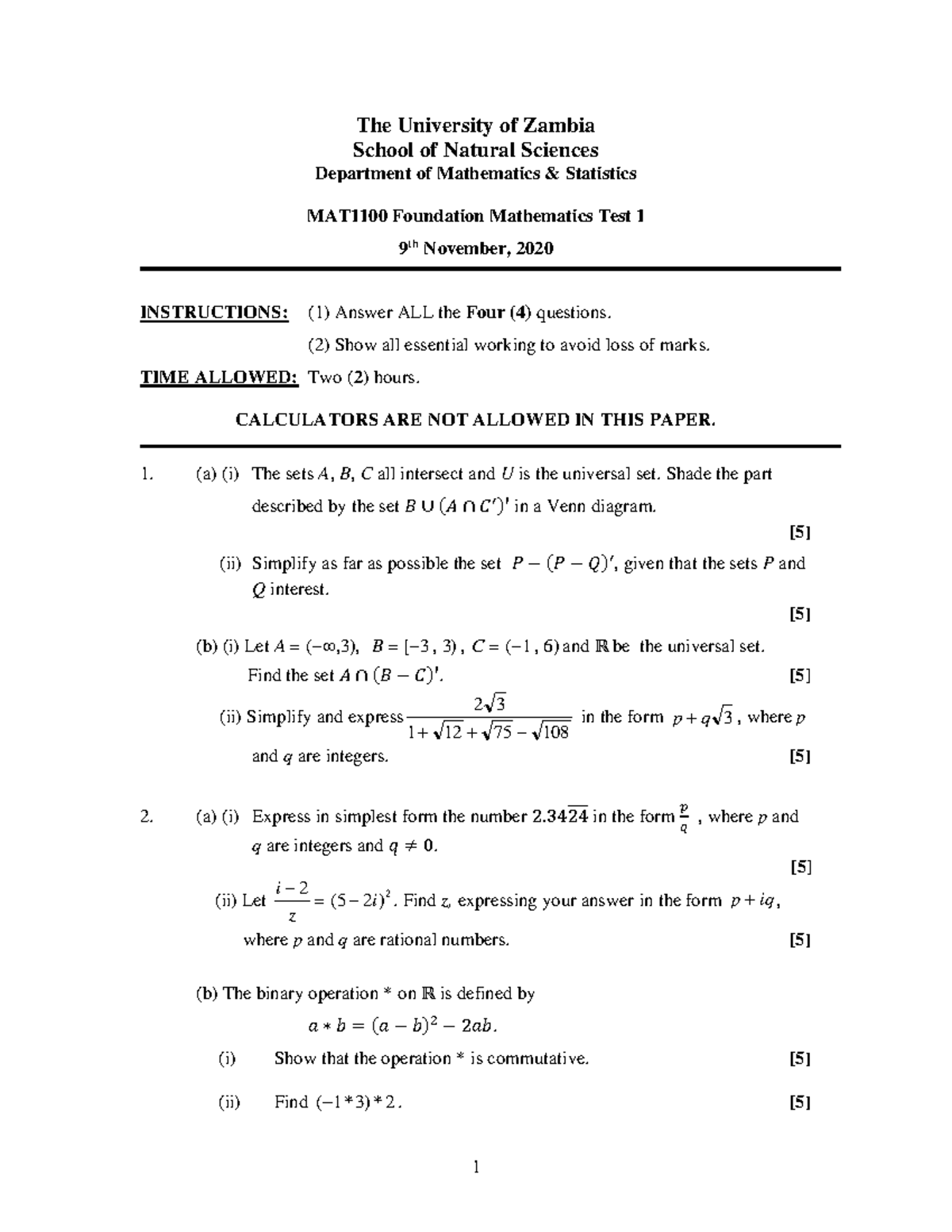 MAT 1100 Test 1 250404 194627 - 1 The University of Zambia School of ...