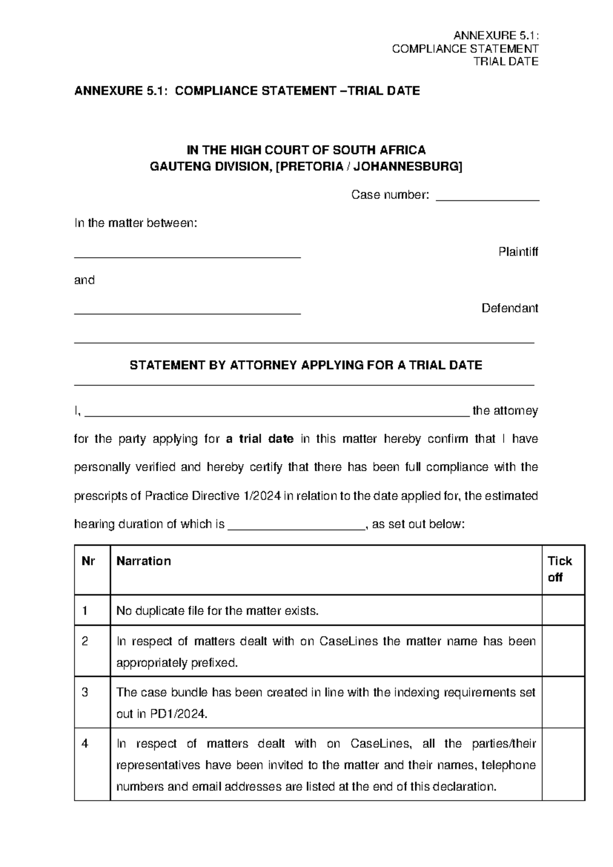 Annexure 5.1: Compliance Statement for Trial Date Application - Studocu