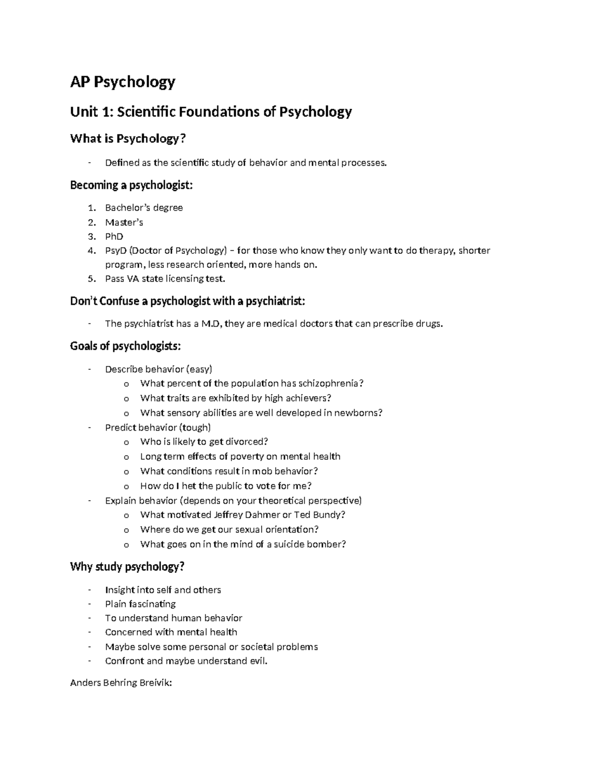 AP Psychology - Unit 1 Study Notes on Psychological Foundations - Studocu