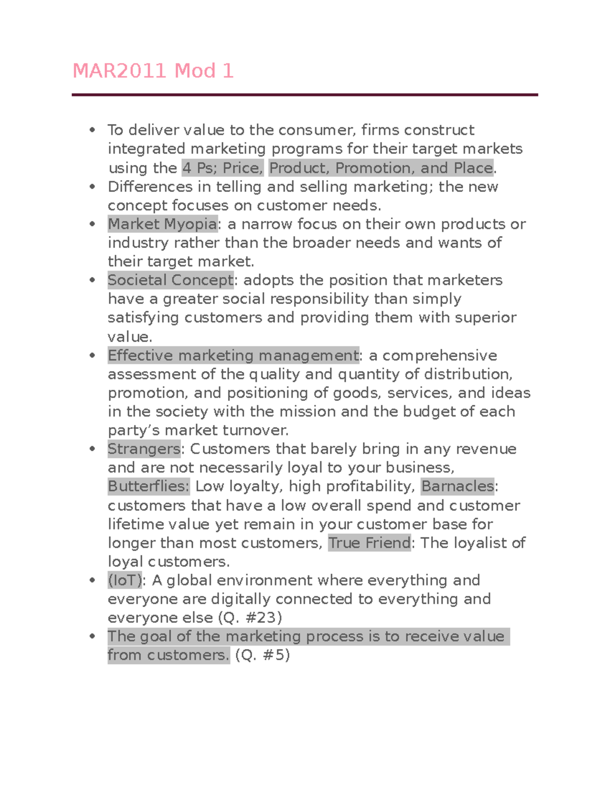 MAR2011 MOD 1 Notes - essay - MAR2011 Mod 1 To deliver value to the ...