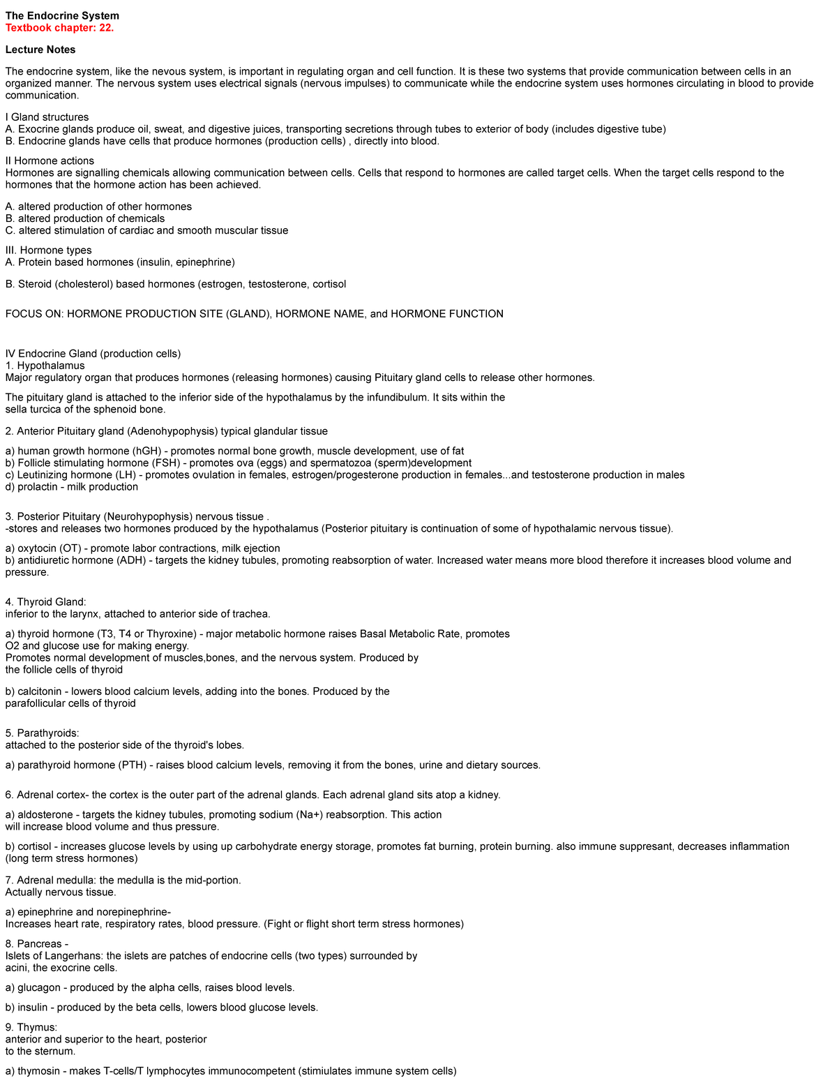 Endocrine System Lecture Notes The Endocrine System Textbook Chapter
