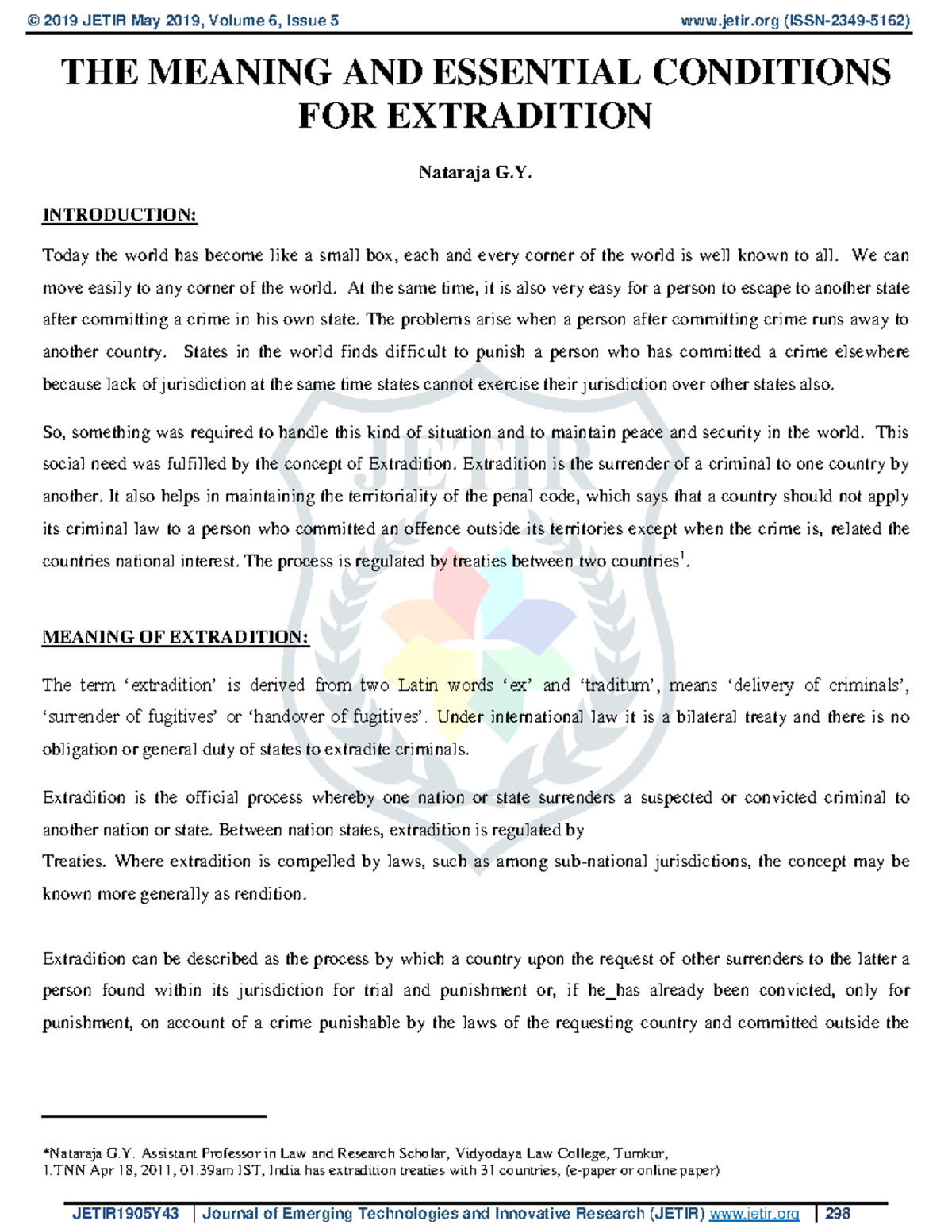 Extradition: Meaning, Conditions, and Legal Framework (JETIR1905Y43 ...