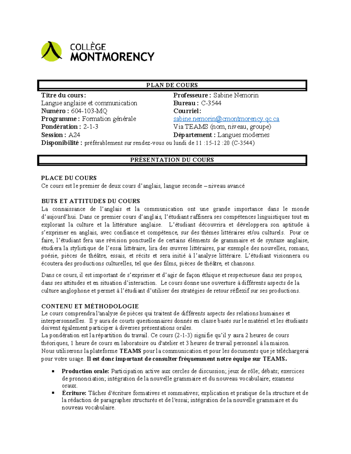 604-103(SN)A24 - Plan de Cours: Anglais et Communication Avancée - Studocu
