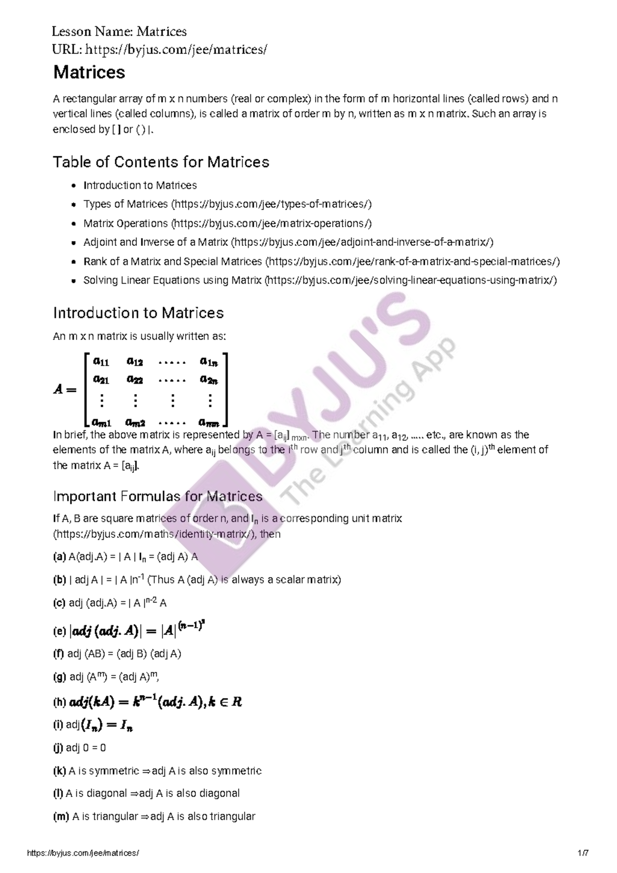 Matrices 1: Comprehensive Overview & Important Formulas - Studocu