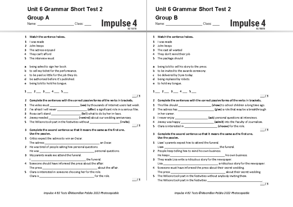 Unit 6 Grammar Short Test 2: Group A & B Review - Studocu
