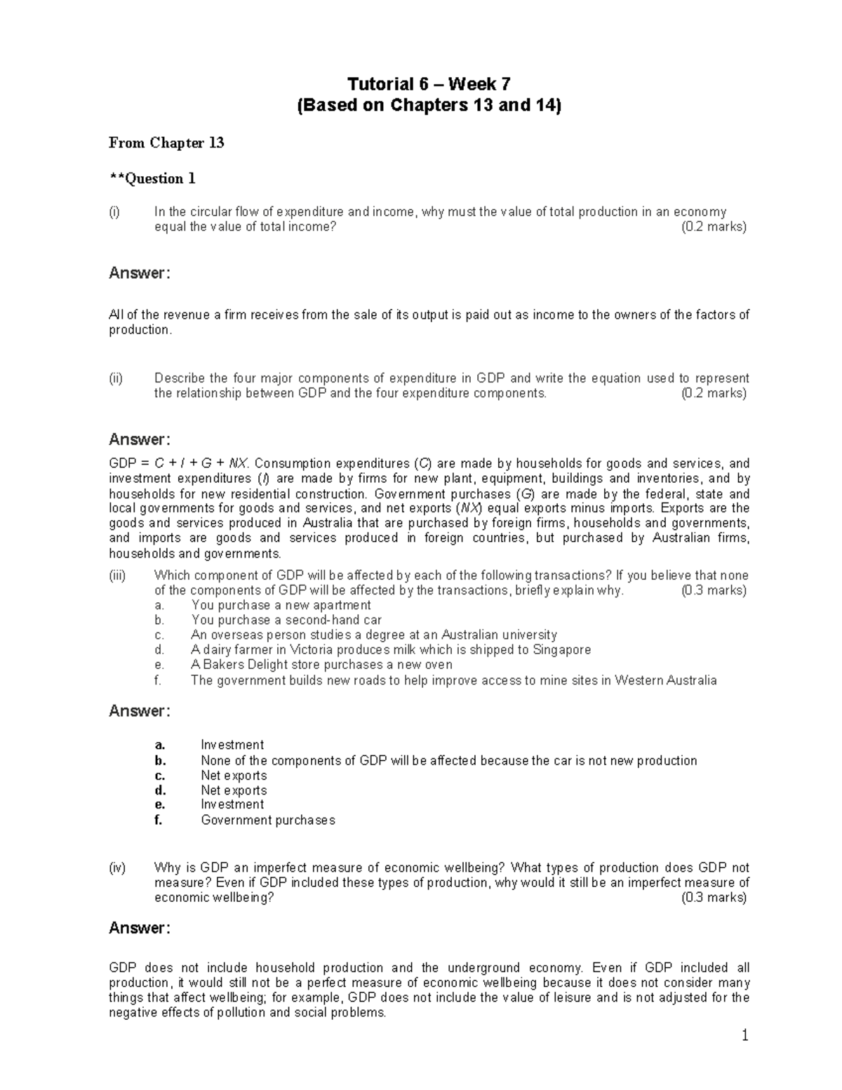 ECON100 Tute 6 - Tutorial 6 Week 7 Answers - Tutorial 6 – Week 7 (Based ...