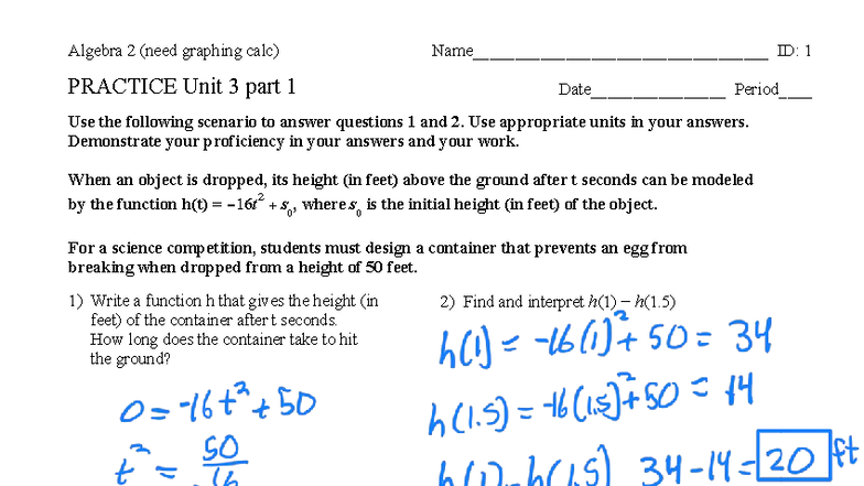 Unit 3 Part 1 Practice for Algebra 2 (Graphing Calc) - Studocu