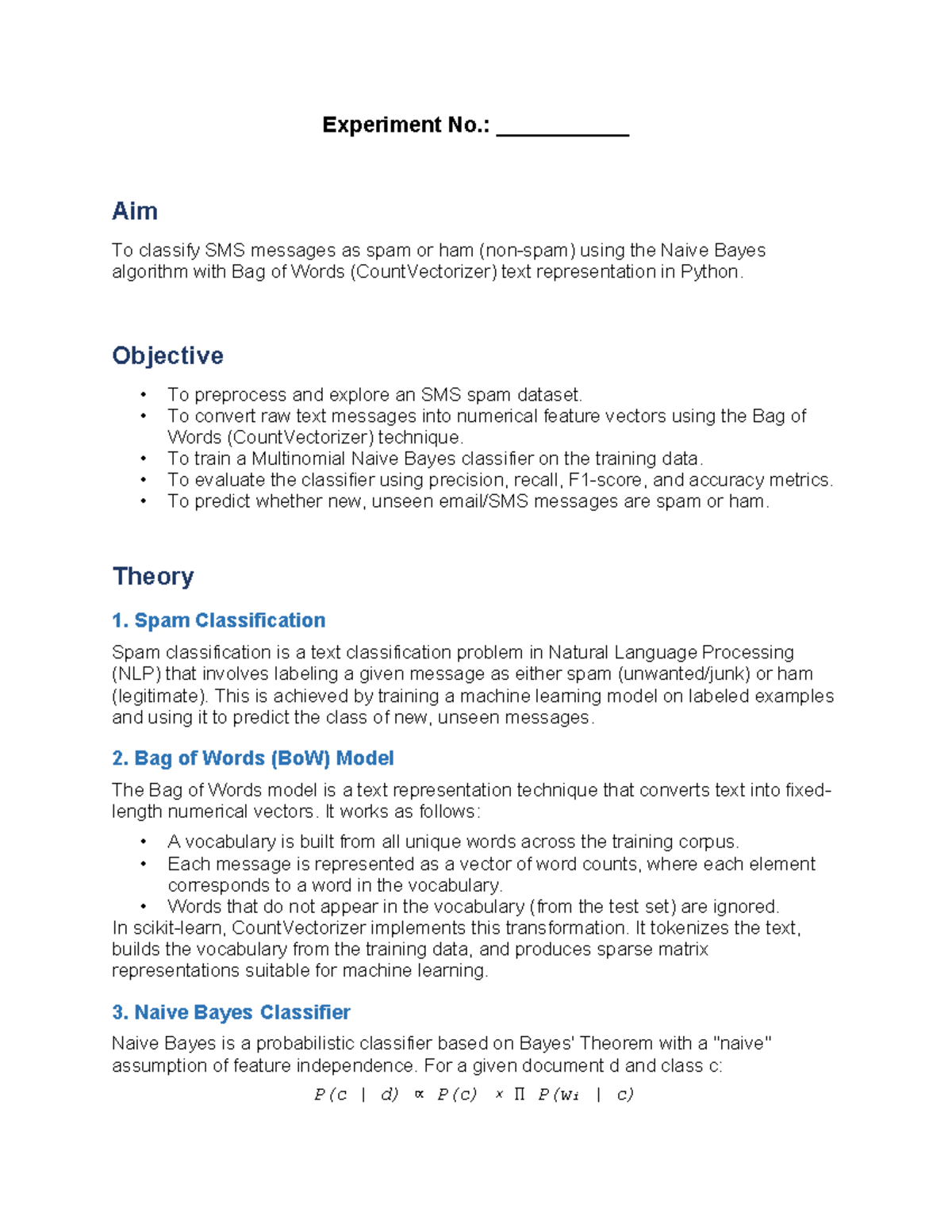 Spam Classification Experiment: Naive Bayes with Bag of Words (CS101 ...
