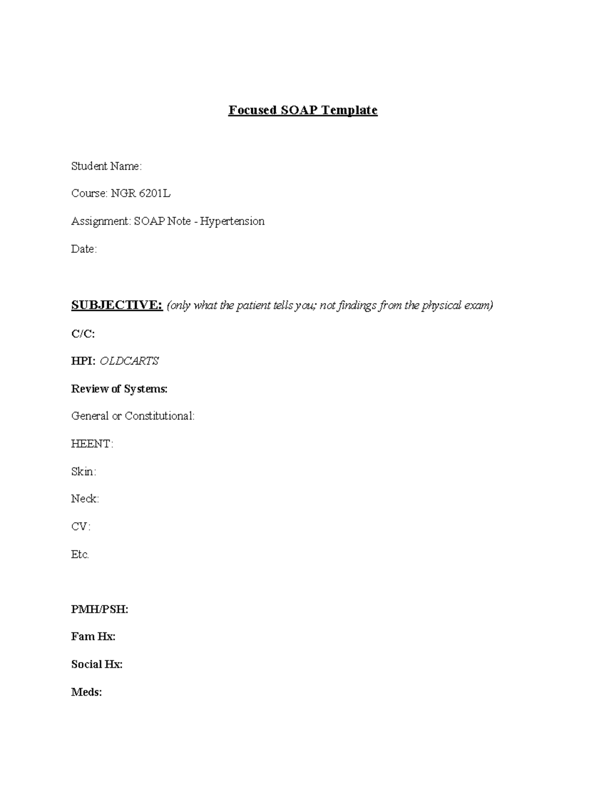 Focused SOAP Note Template for NGR 6201L: Hypertension Assessment - Studocu