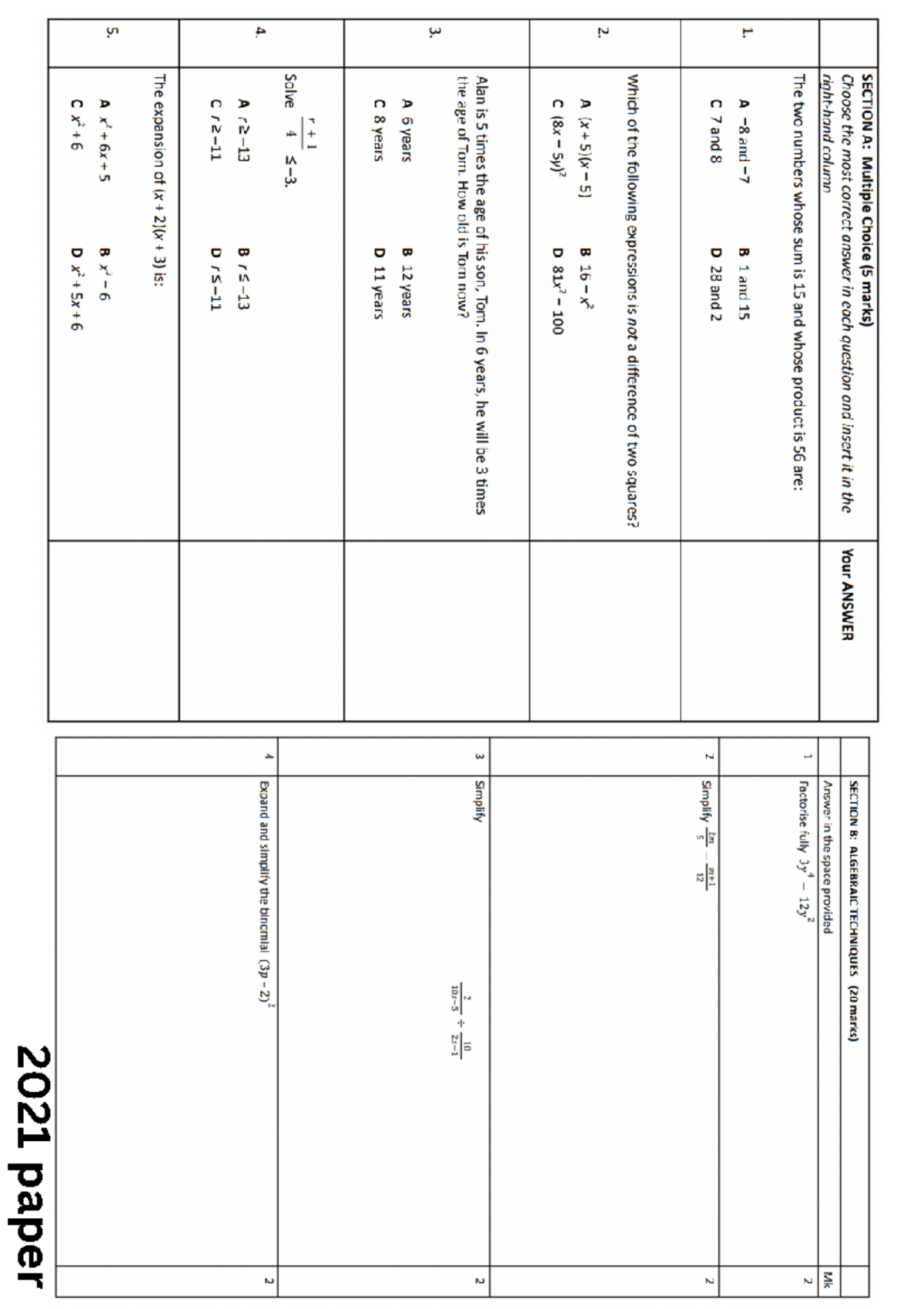 Maths exam practice - SECTION A: Multiple Choice (5 marks) Choose the ...