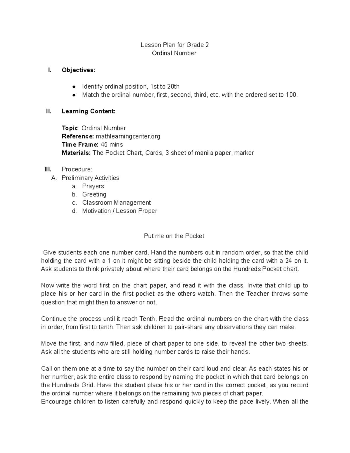 Grade 2 Lesson Plan: Teaching Ordinal Numbers Effectively - Studocu