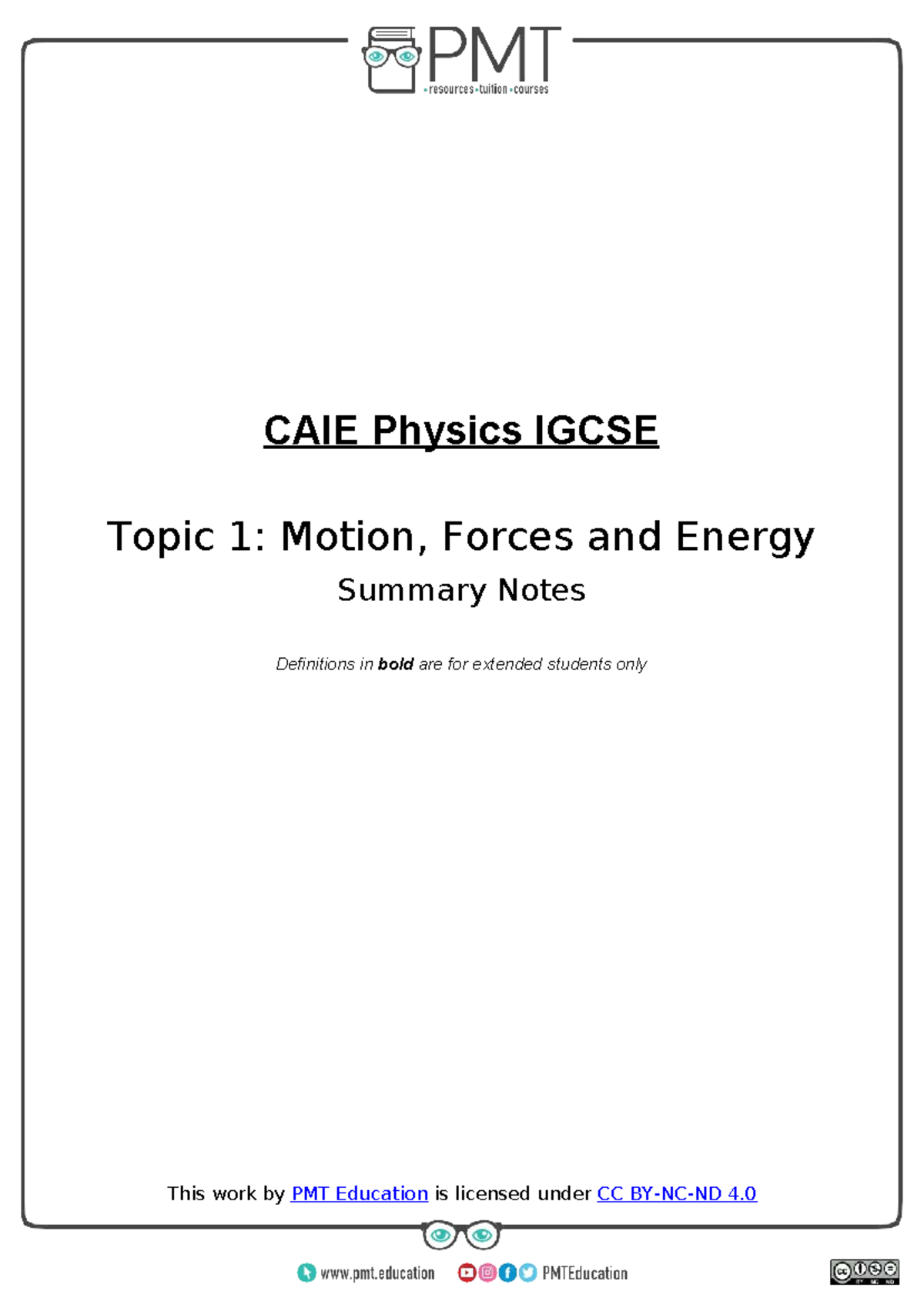 Summary Notes - Topic 1: Motion, Forces & Energy (CAIE Physics IGCSE ...