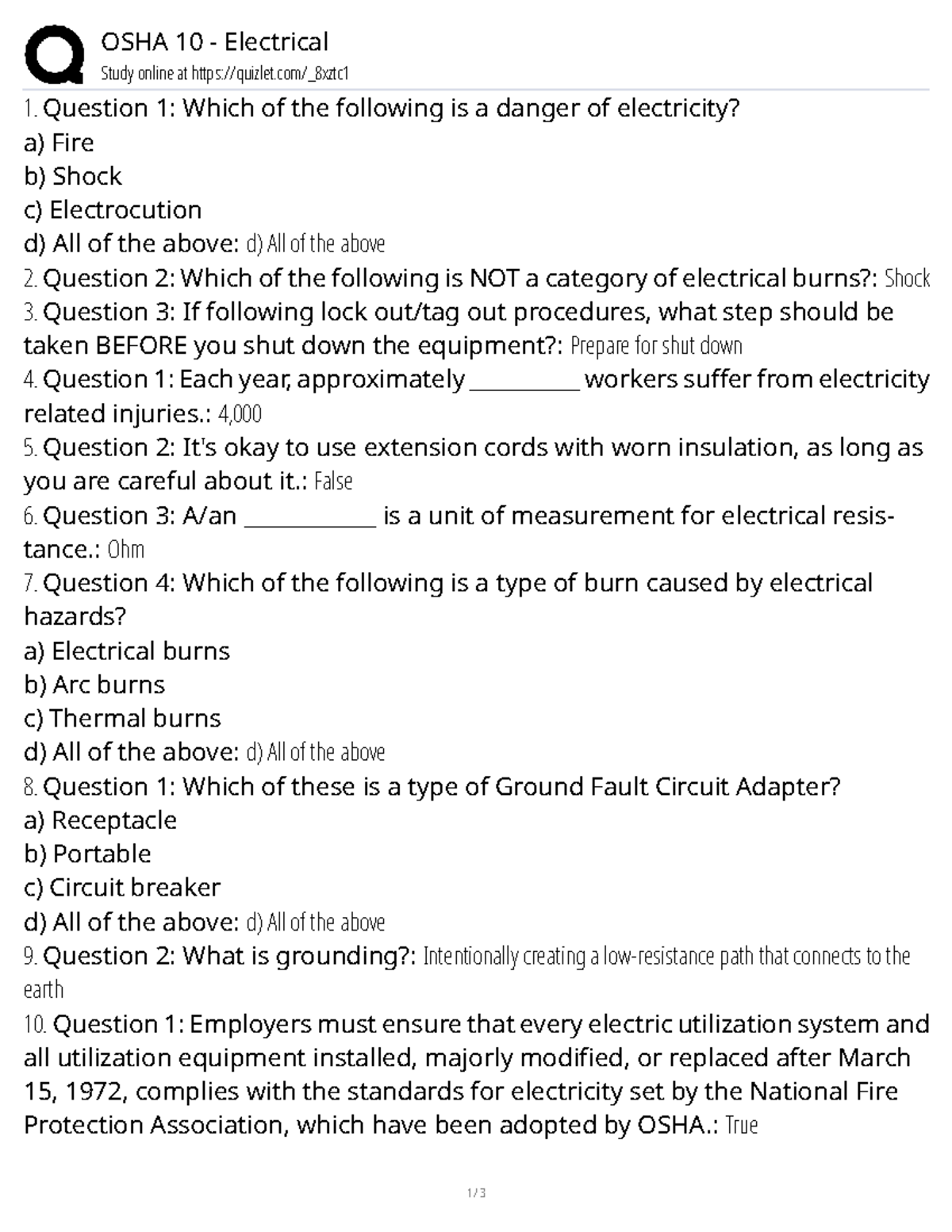 OSHA 10 Electrical Study Guide: Key Concepts and Quiz Questions - Studocu