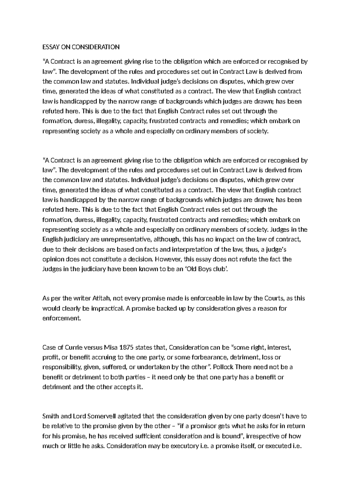 Essay on Consideration in Contract Law (LAW 101) - Studocu