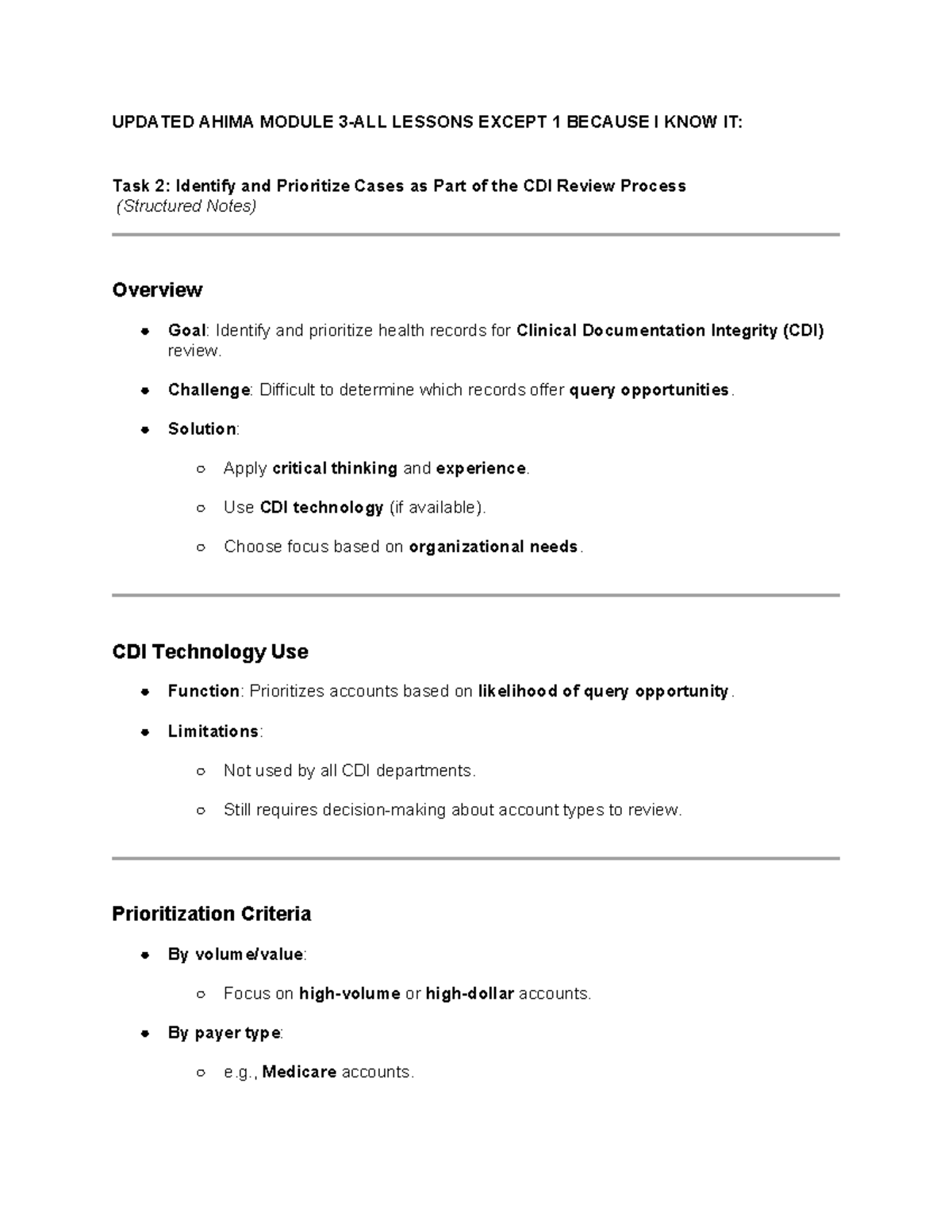 Updated AHIMA Module 3: CDI Review Process Lessons (Excl. Lesson 1 ...