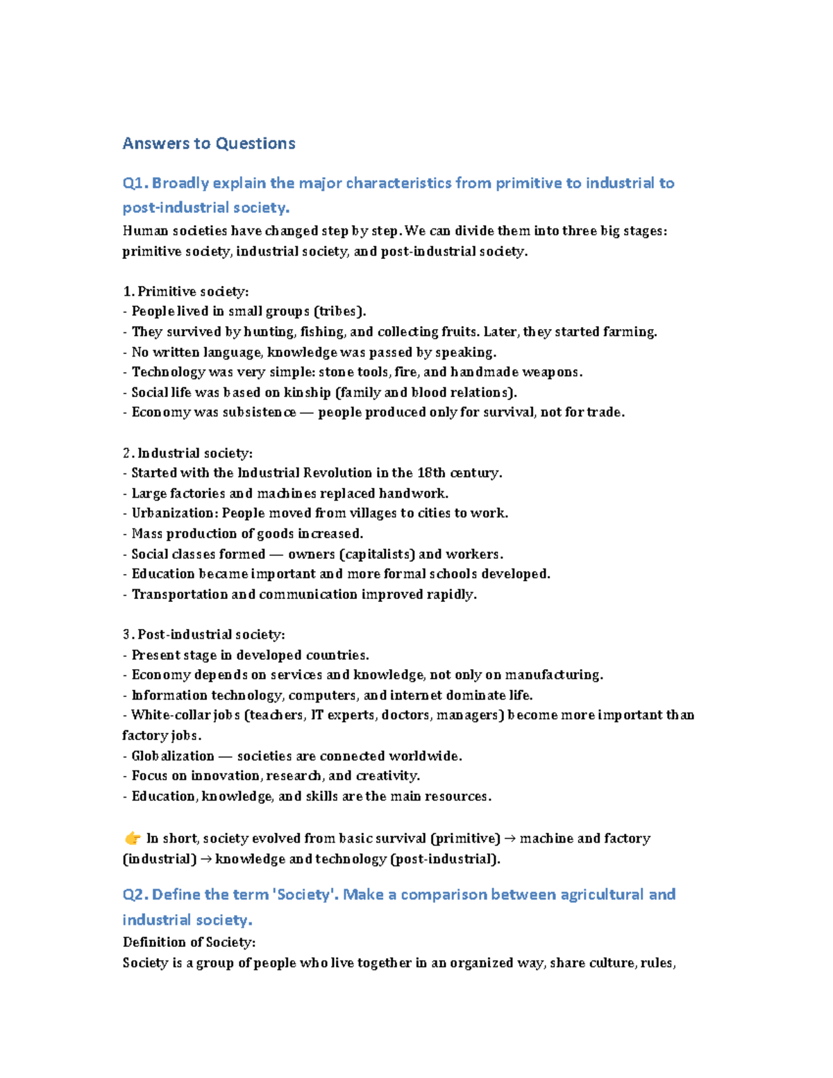 Society Questions & Answers: Primitive to Industrial Evolution - Studocu