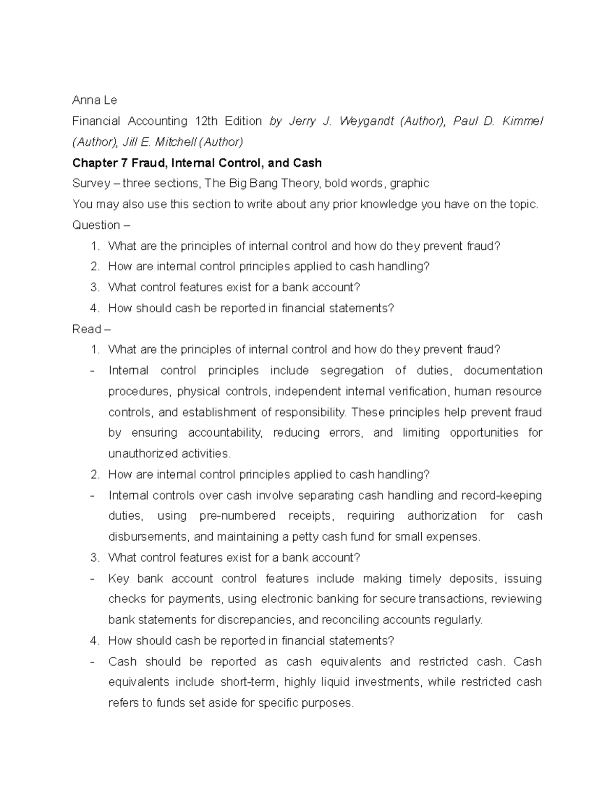 Financial Accounting (ACCT 101) Chapter 7: Fraud, Internal Control ...