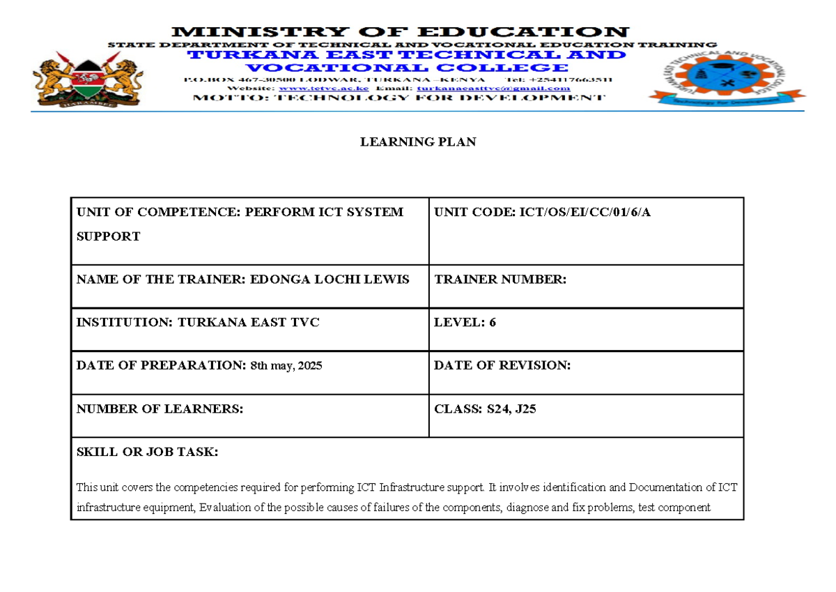 ICT System Support Learning Plan: Unit Code - Perform ICT Unit - Studocu