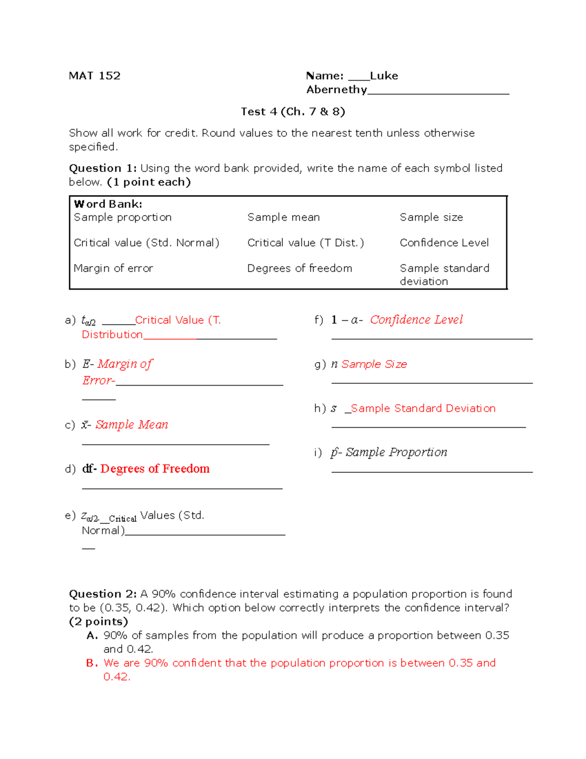 MAT 152 Test 4: Confidence Intervals & Hypothesis Testing Notes - Studocu