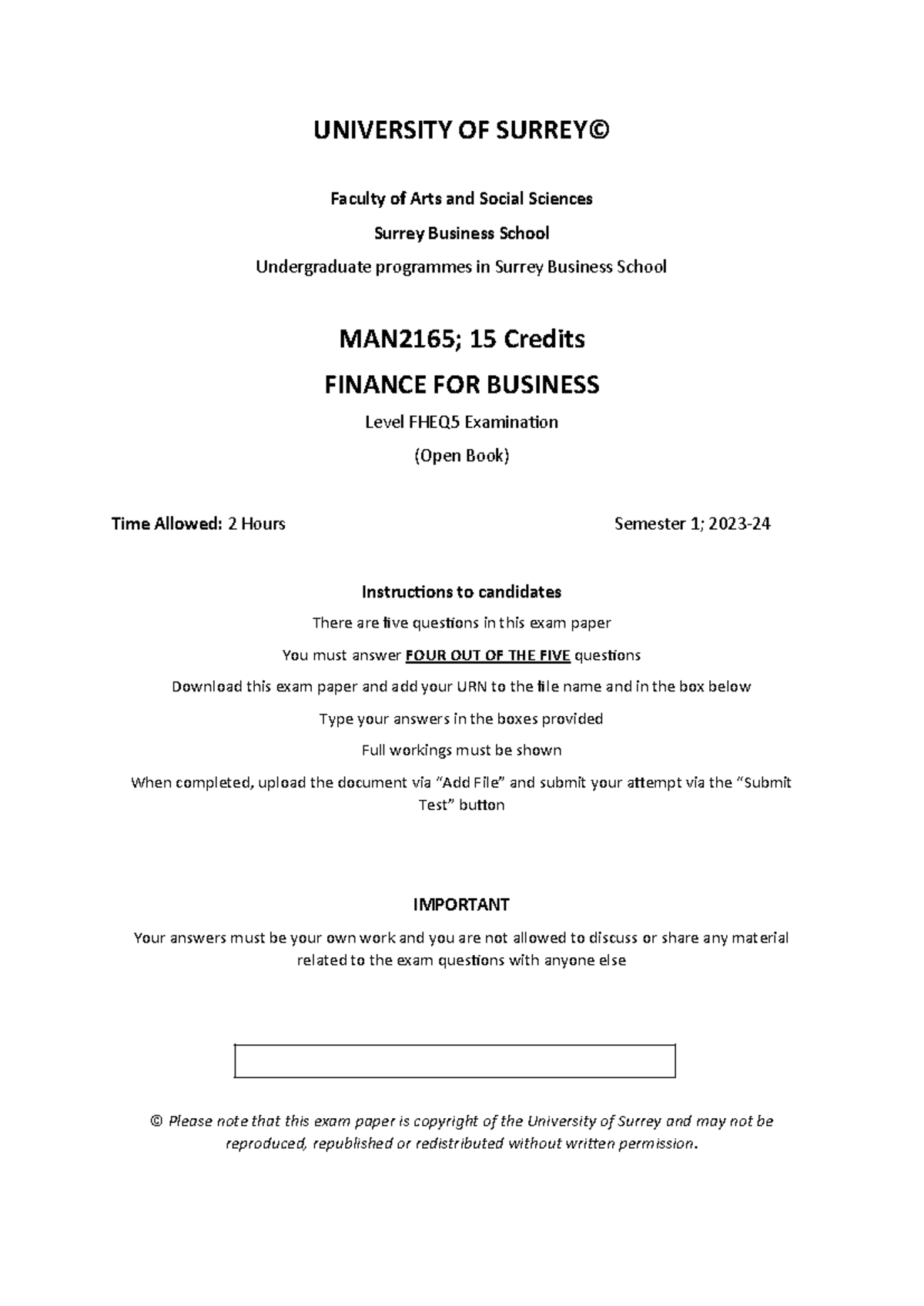 MAN2165 Finance for Business Past Exam Paper LSA 2023-2024 - Studocu