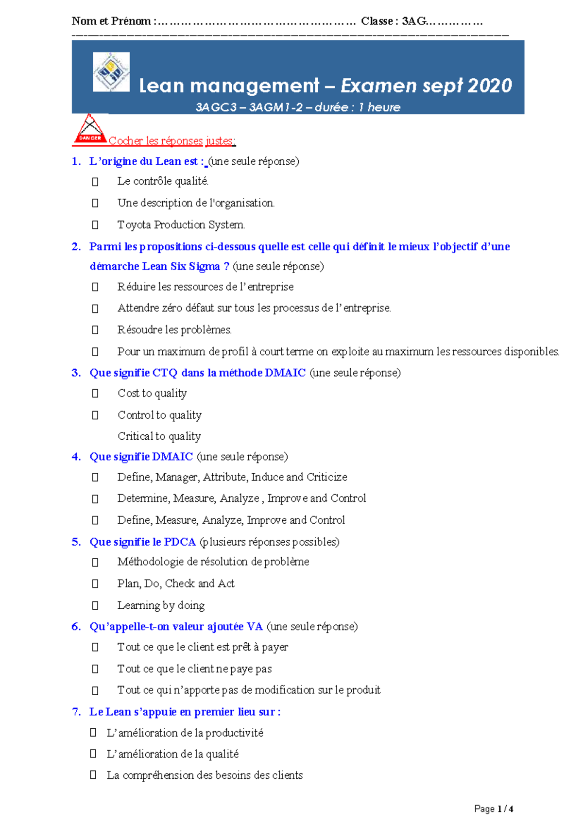 QCM Lean management sept 2020 outils et description - Lean management – Examen sept 20 20 3AGC3 ...