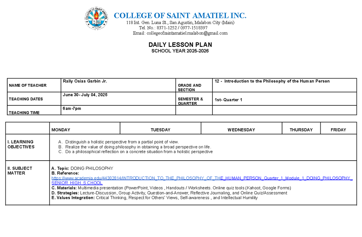 DAILY LESSON PLAN: Intro to Philosophy (SY 2025) - Studocu