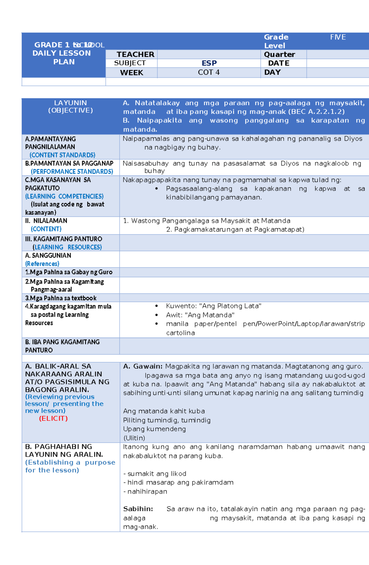 ESP 5-COT - GRADE 1 to 12 DAILY LESSON PLAN SCHOOL Grade Level FIVE ...