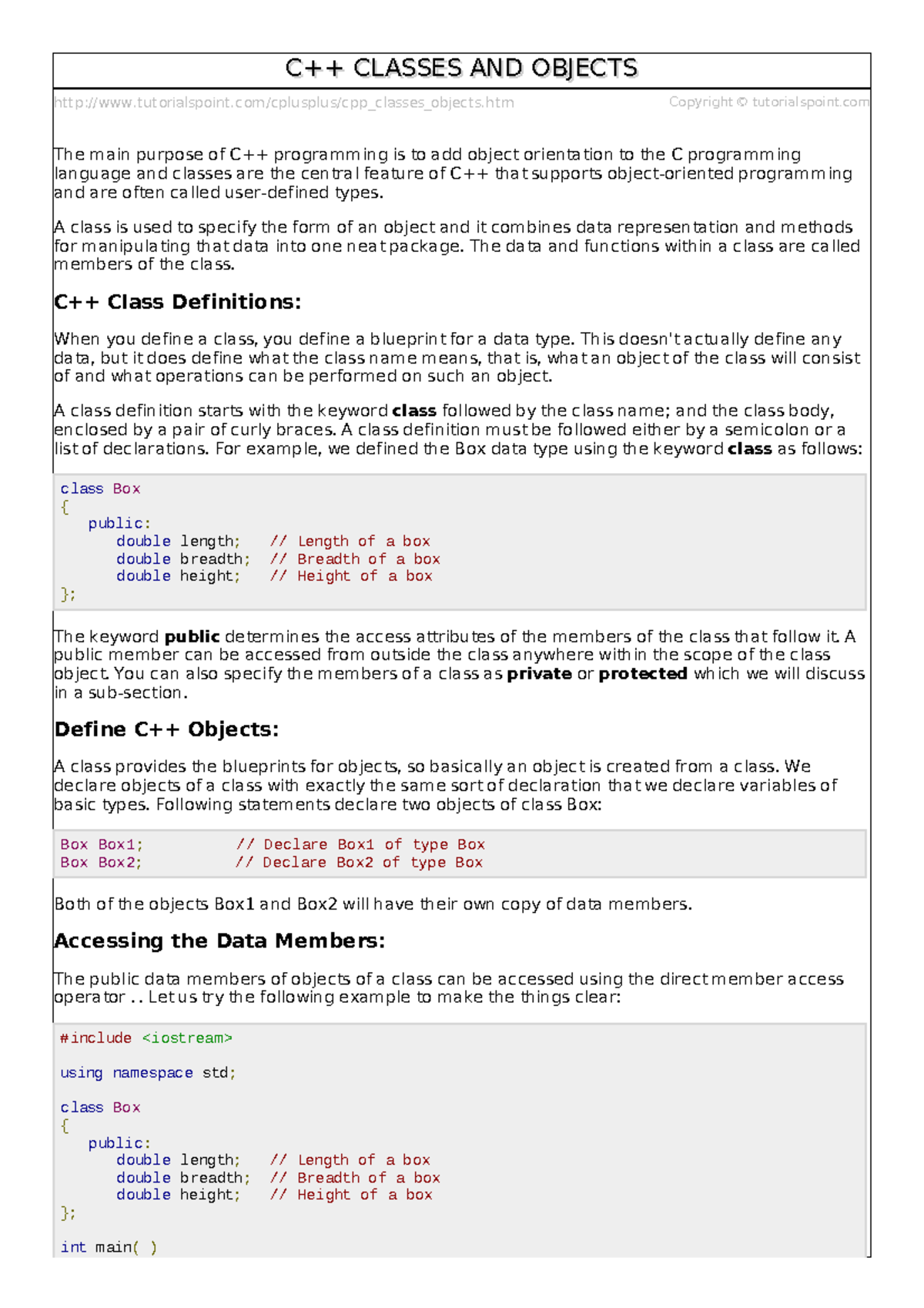 2. cpp classes objects - tutorialspoint/cplusplus/cpp_classes_objects ...
