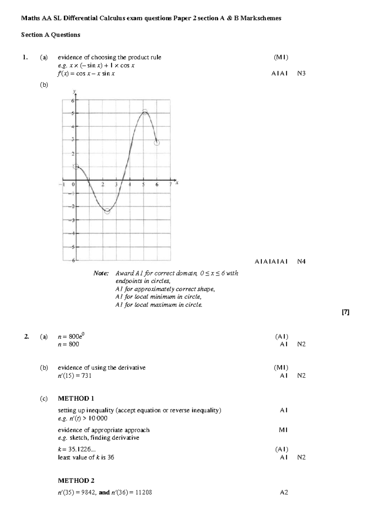 Maths AA SL Differential Calculus Paper 2 Markschemes and Solutions ...