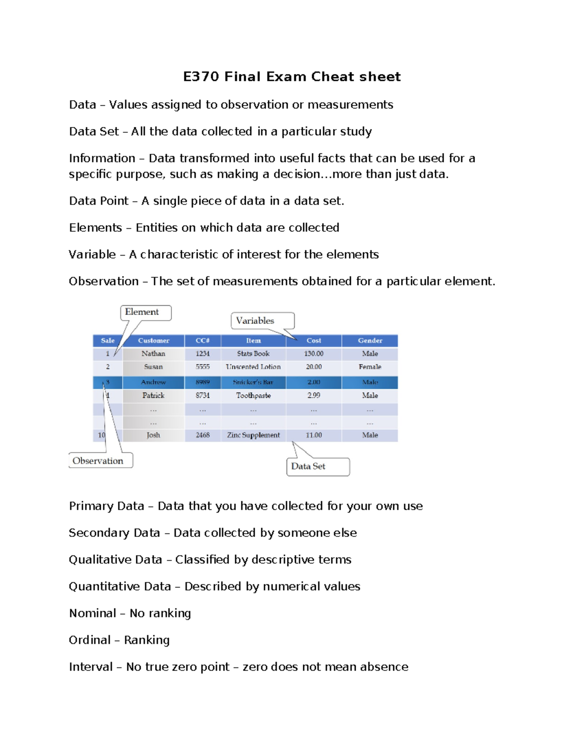 E370 Final Exam Cheat Sheet: Key Concepts in Statistics and Data ...