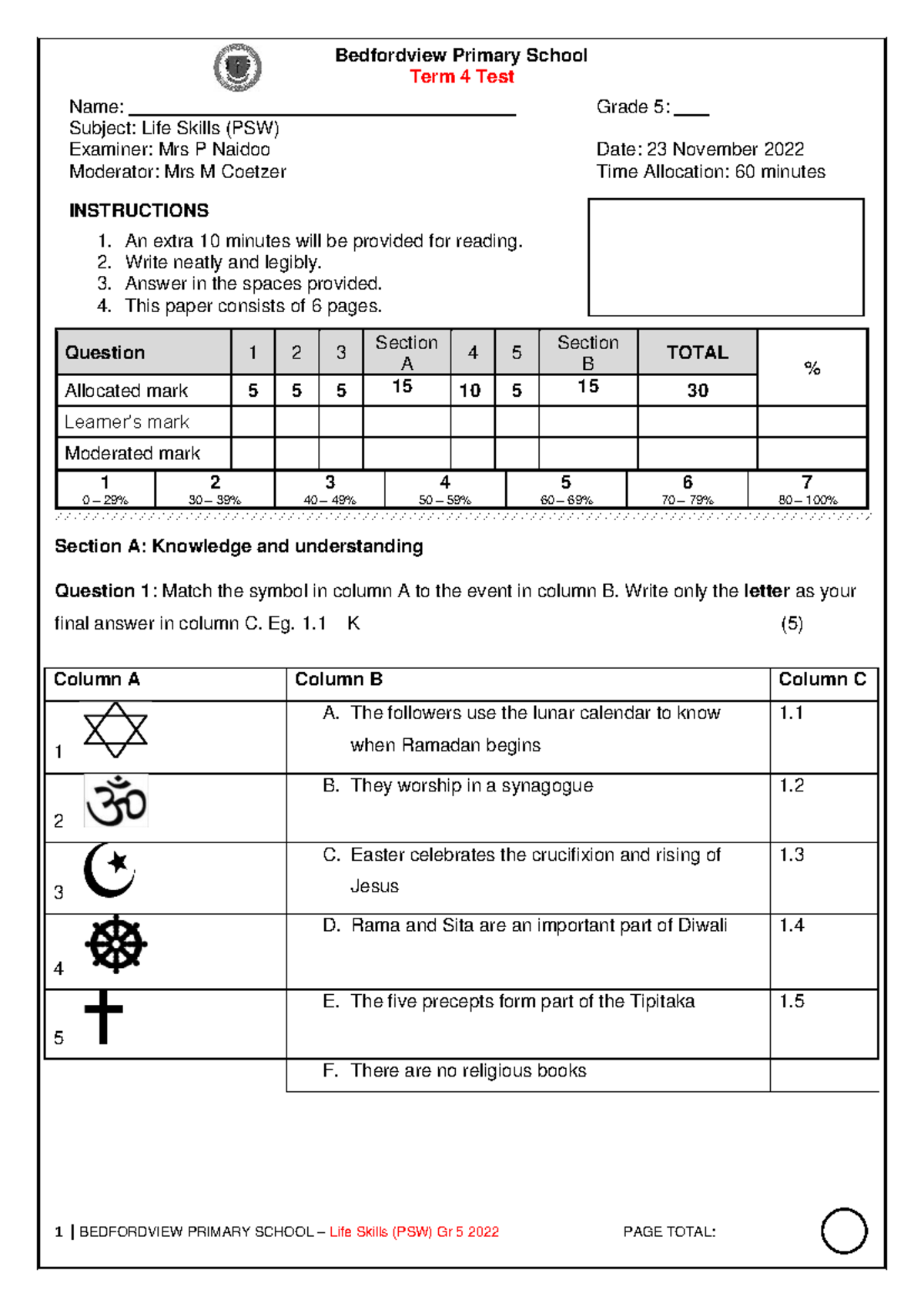 Gr 5 PSW Term 4 Test - Life Skills November 2022 - Studocu