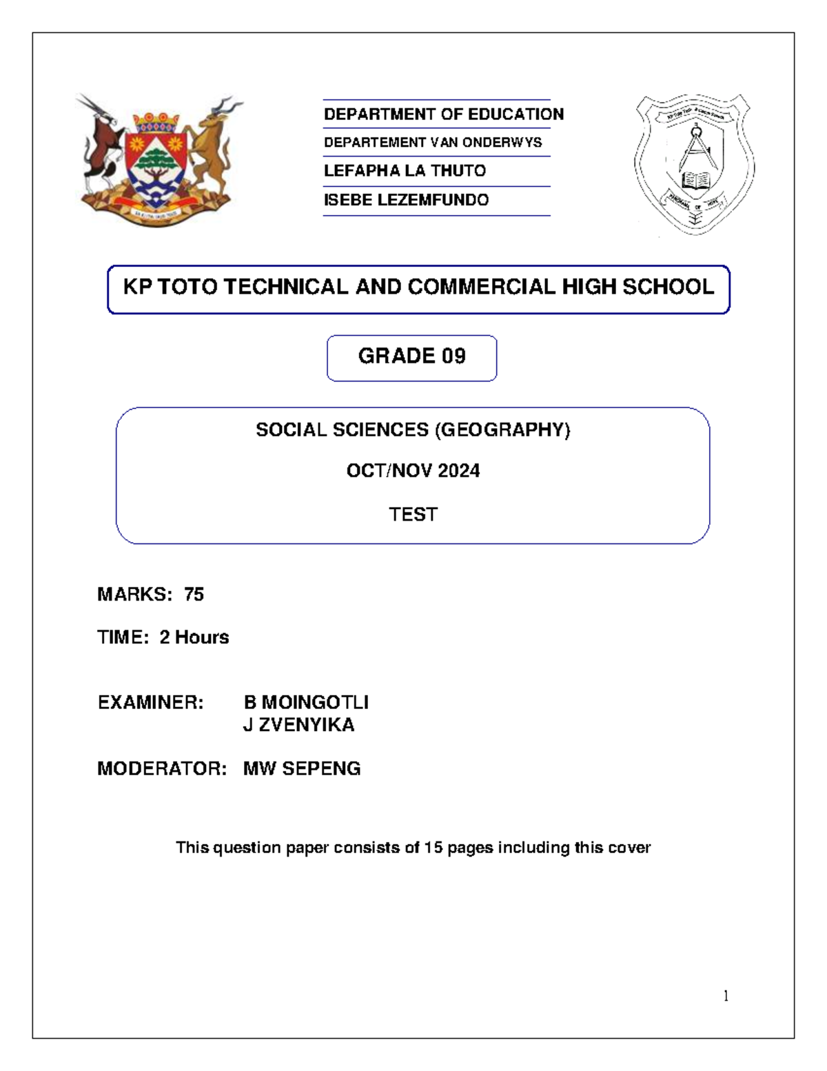 Grade 09 Social Sciences (Geography) Term 4 Test 2024 - Marks: 75 - Studocu