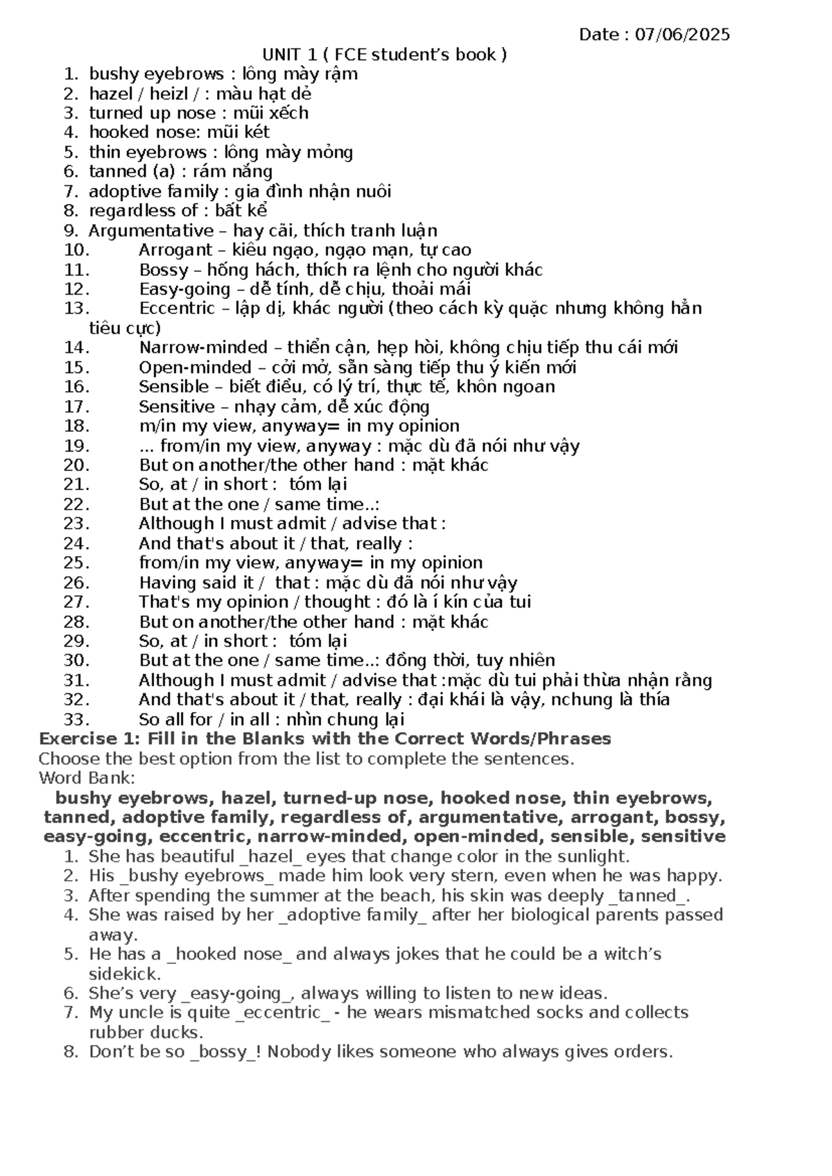 UNIT 1 Vocabulary & Exercises (FCE Student's Book) - Studocu