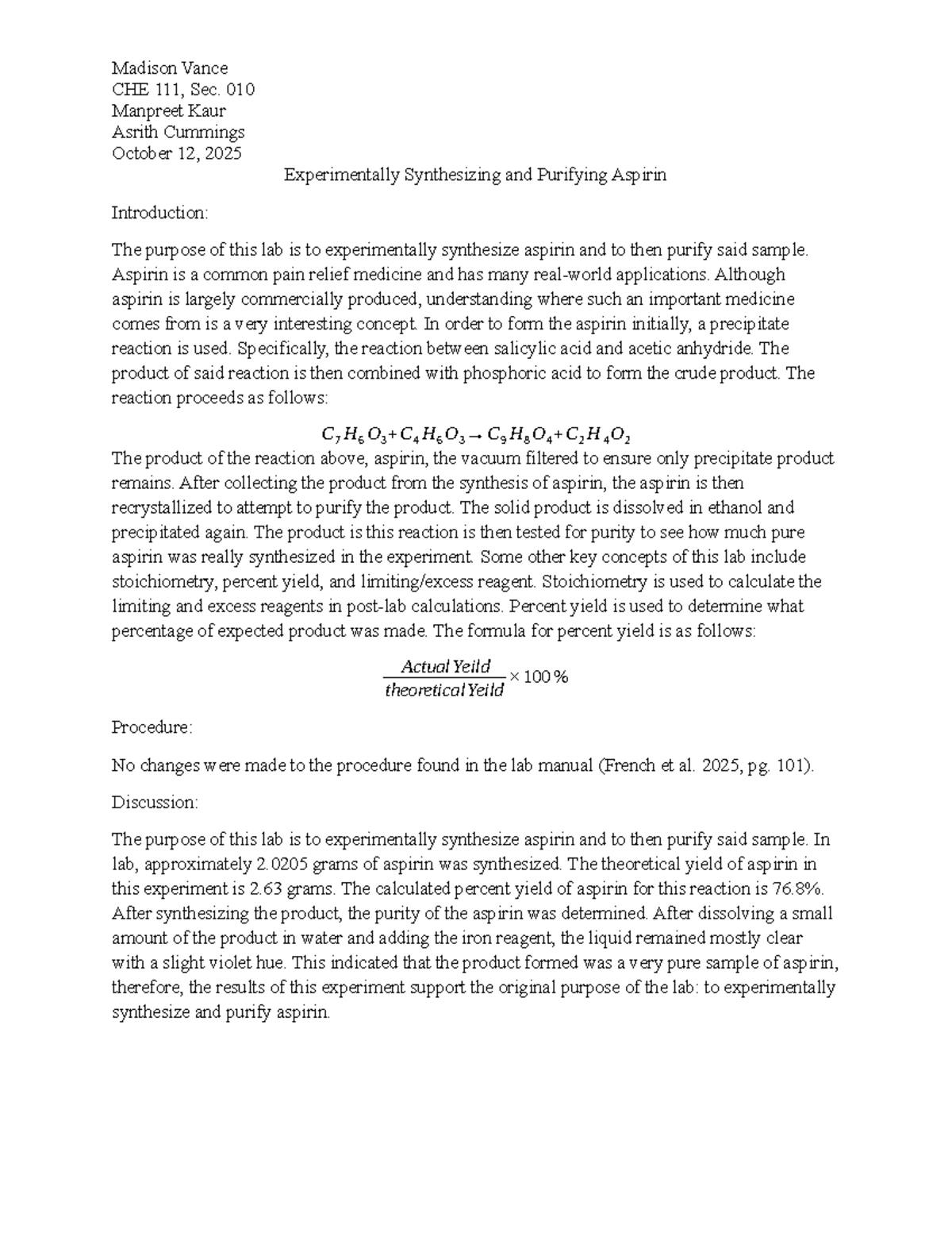 CHE 010 Lab 5: Synthesis and Purification of Aspirin - Studocu