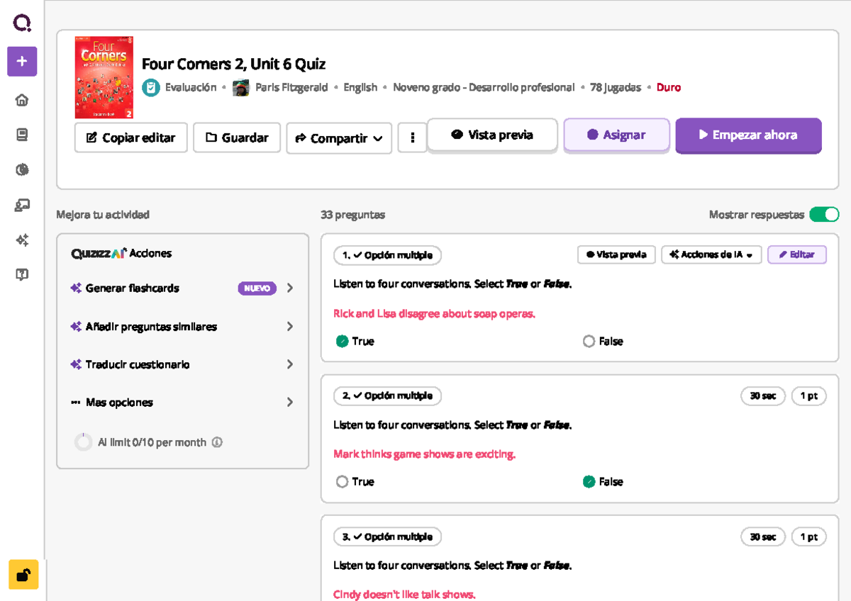 Four Corners 2, Unit 6 - Quiz Assessment (Grade 9) - Studocu