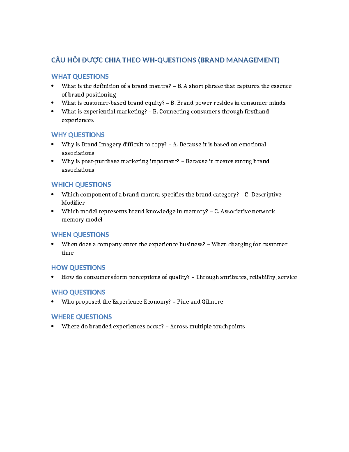 CÂU HỎI WH VỀ QUẢN TRỊ THƯƠNG HIỆU (BRAND MANAGEMENT) - Studocu