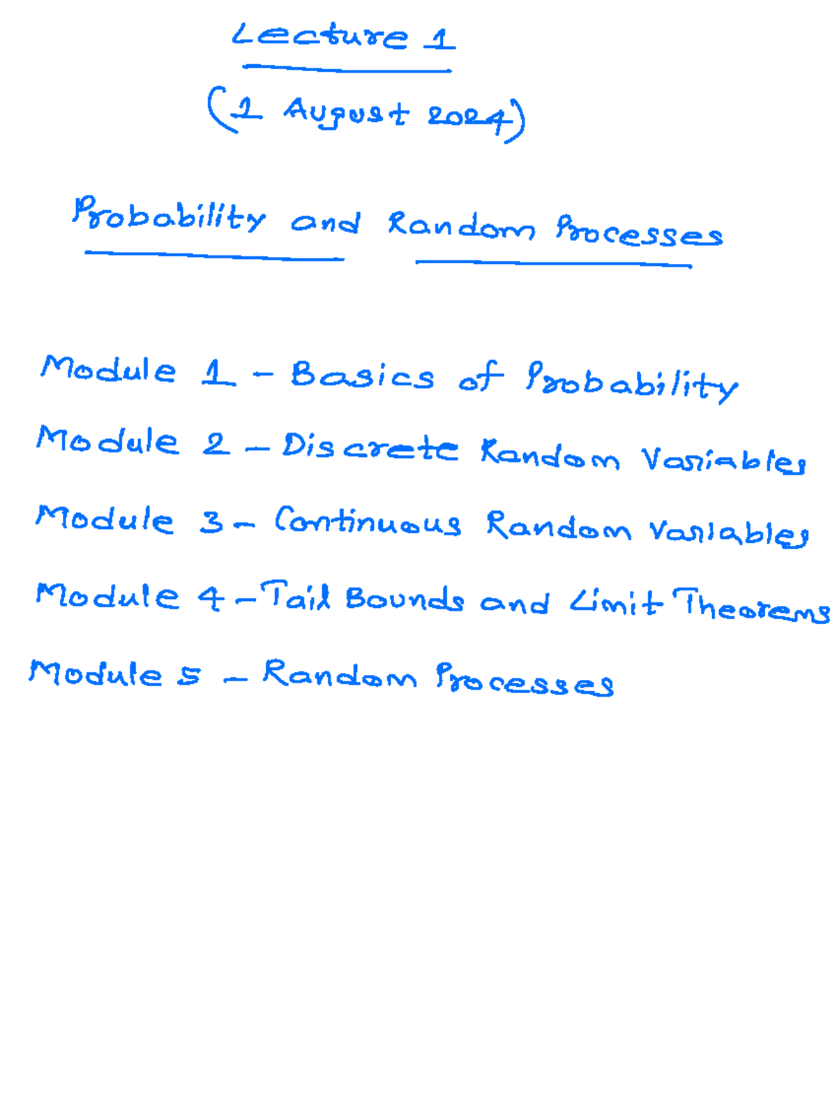 Lecture 1 (PRP-M24) - Lecture 1 (2 August 2024) Probability and Random Processes Module 1 Basics ...