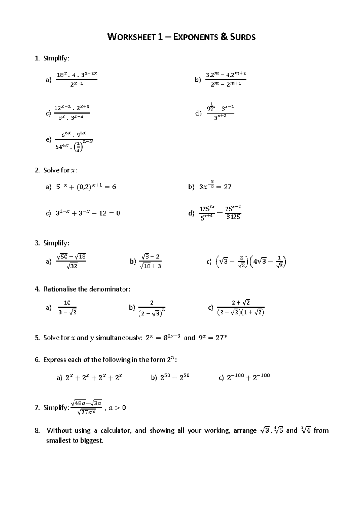 Worksheet 1 - Exponents & Surds Simplification Exercises - Studocu