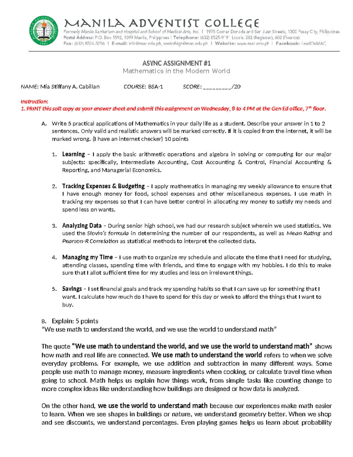 asynchronous assignment - mmw - ASYNC ASSIGNMENT Mathematics in the Modern World NAME: Mia ...